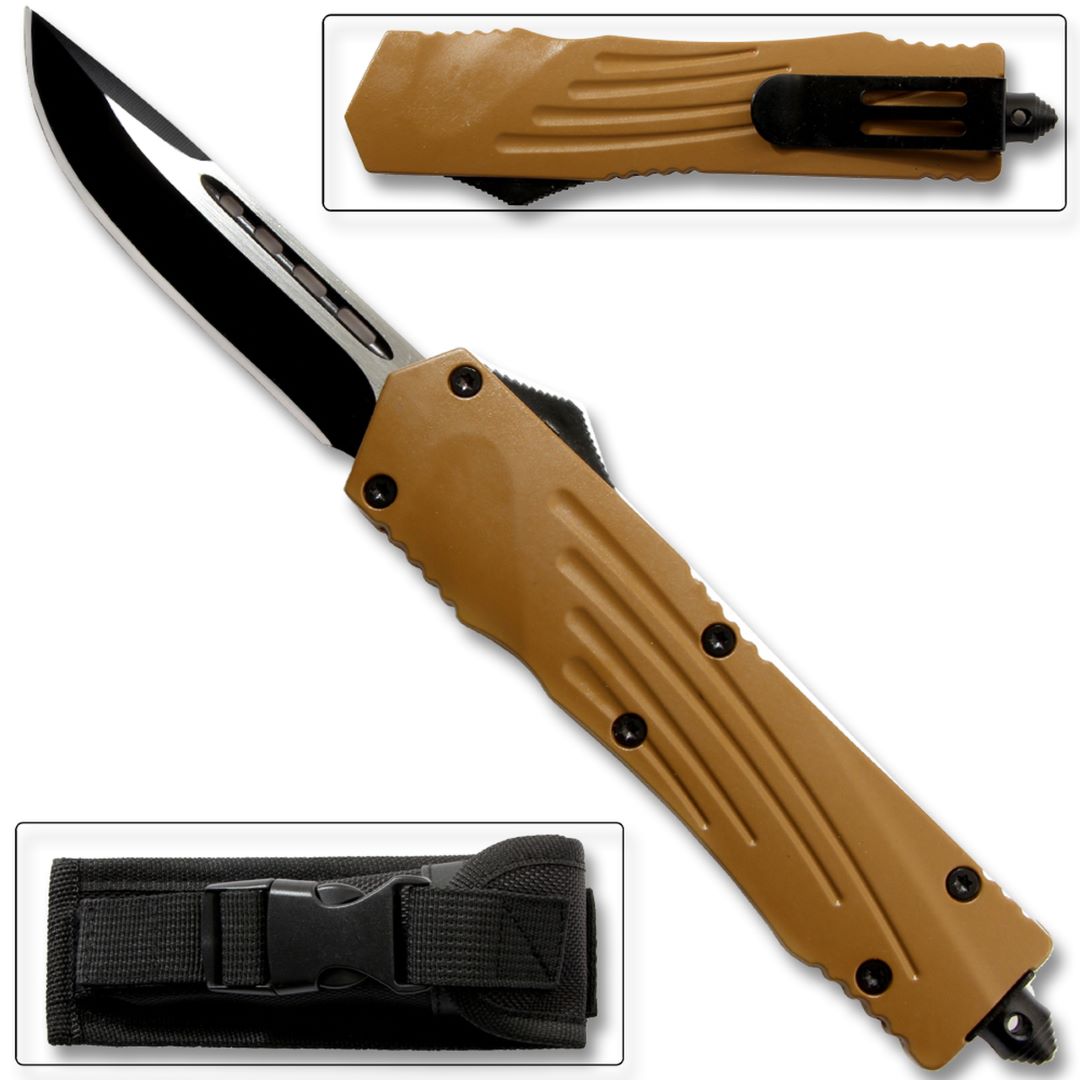 Ohio Knife and Tool: OTF Clip Point Blade Brown with Sheath